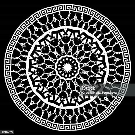 흑백 격자 그리스어 벡터 만다라 패턴입니다 에스닉 스타일 레이스 그물 장식 그리스어 키 사행 부족 장식 격자 디자인입니다 매듭 기하학적 모양 프레임편조 라운드 만다라 0명에