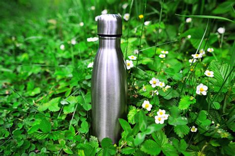 녹색 잔디에 재사용 강철 열병 복사 공간이있는 흐린 잔디의 배경에 은색의 강철 열수 병 플라스틱이 없습니다 폐기물이 없습니다 공간을 복사합니다 제로 폐기물 아니 플라스틱 0