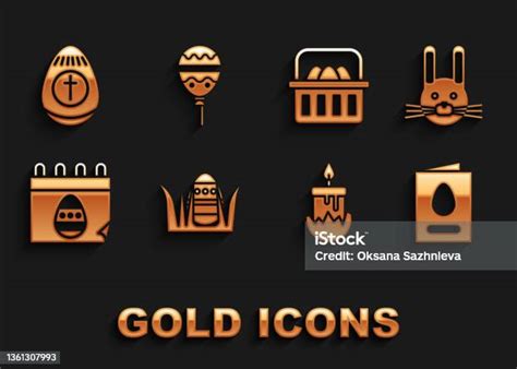 부활절 달걀 토끼 해피 불타는 촛불 달력 바구니 부활절 달걀 풍선 리본 아이콘과 인사말 카드를 설정합니다 벡터 4월에 대한 스톡 벡터 아트 및 기타 이미지 Istock