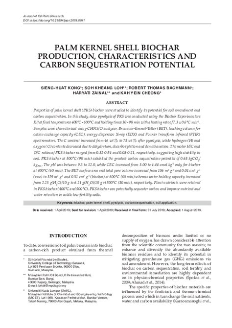 Pdf Palm Kernel Shell Biochar Production Characteristics And Carbon