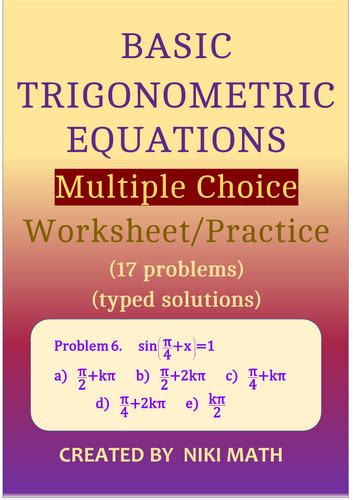 Trigonometric Equations Basic Multiple Choice 17 Problems Detailed