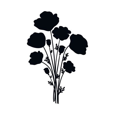 Poppy Flowers Bouquet Silhouette Isolated On White Background Poppies