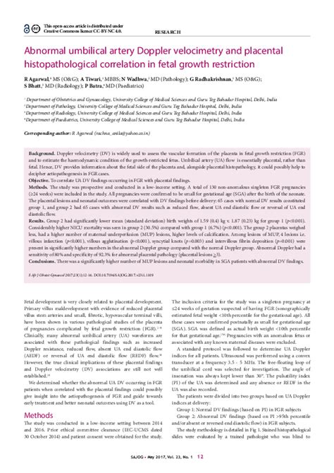 Pdf Abnormal Umbilical Artery Doppler Velocimetry And Placental