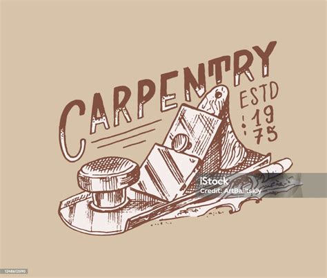 목공 기계 워크샵 또는 간판용 목재 라벨입니다 빈티지 로고 타이포그래피 또는 티셔츠 배지 손으로 그린 목수 스케치를 그리는 0명에 대한 스톡 벡터 아트 및 기타 이미지