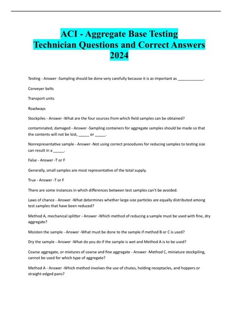 Aci Aggregate Base Testing Technician Questions And Correct Answers 2024 Aci Field 1 Stuvia Us