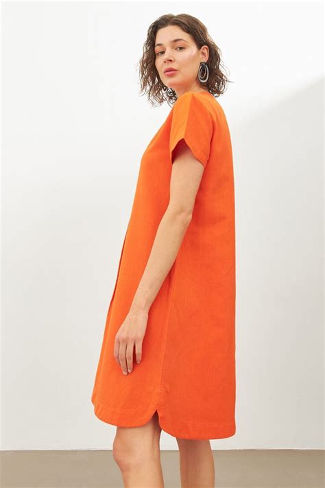 Stella Pulvis Turuncu Keten Yarım Kollu Midi Elbise Fiyatı Yorumları