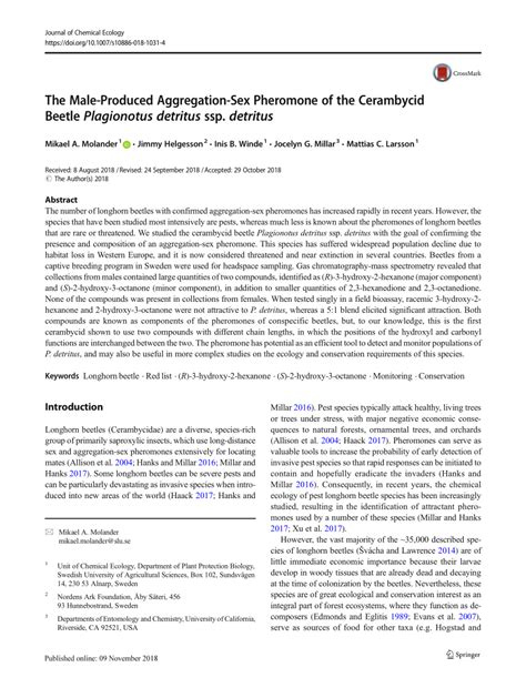 PDF The Male Produced Aggregation Sex Pheromone Of The Cerambycid Beetle Plagionotus Detritus