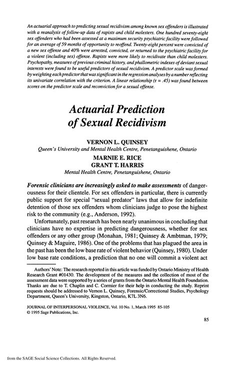 Pdf Actuarial Prediction Of Sexual Recidivism