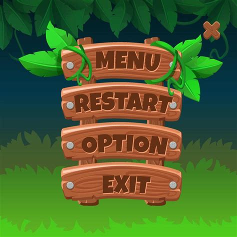 Wooden Game Menu Ui With Buttons Restart Option And Exit Game
