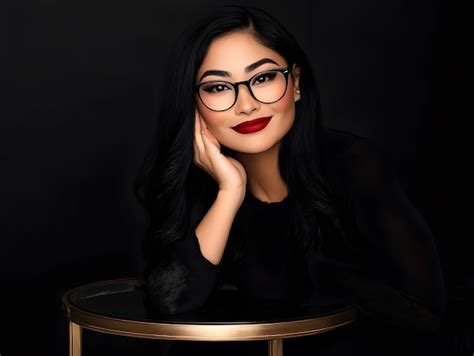 Beautiful Woman In Black Glasses And Red Lipstick Premium Ai