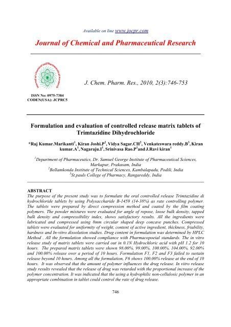 Formulation And Evaluation Of Controlled Release Matrix Tablets