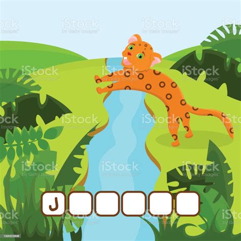 젊은 재규어 스포츠 강 근처의 귀여운 만화와 함께 재미 있는 크로스 워드 퍼즐 게임 벡터 일러스트입니다 귀여운 유치원 교육 워크시트입니다 0명에 대한 스톡 벡터 아트 및
