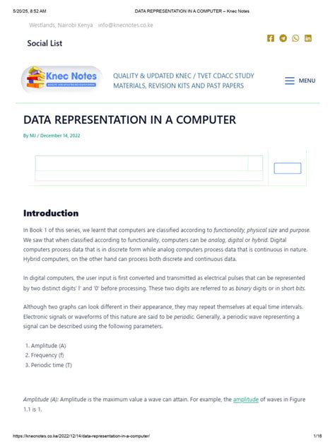 Data Representation In A Computer Knec Notes Pdf Binary Coded Decimal Bit