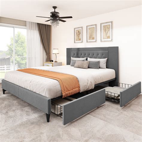 Dextrus Queen Size Storage Bed Frame With Headboard And 4 Drawersno Box