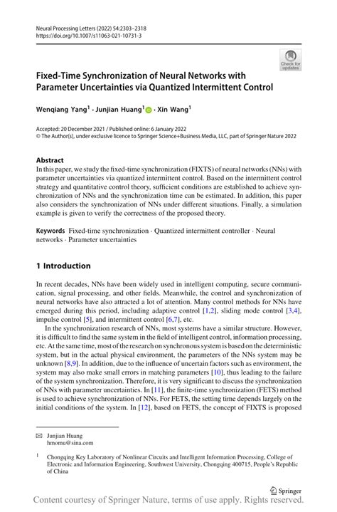 Fixed Time Synchronization Of Neural Networks With Parameter