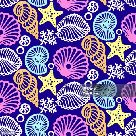 바다 조개 별과 진주와 원활한 패턴 해양 배경 직물 벽지 또는 초대에 대한 패턴 조개 껍데기에 대한 스톡 벡터 아트 및 기타