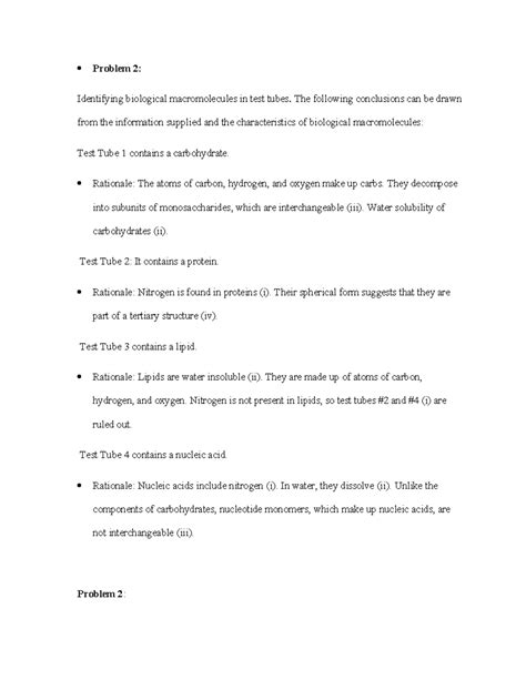 Biol 1121 Assignment Activity Unit 2 Problem 2 Identifying Biological Macromolecules In Test
