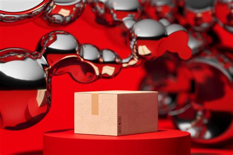 온라인 주문 쇼핑 배달의 개념 빨간색 배경에 수은 또는 은 추상 거품 근처 빨간색 쇼케이스에 골판지 상자 공간을 복사합니다 빈 공간입니다 3d 렌더링 고객에 대한 스톡 사진