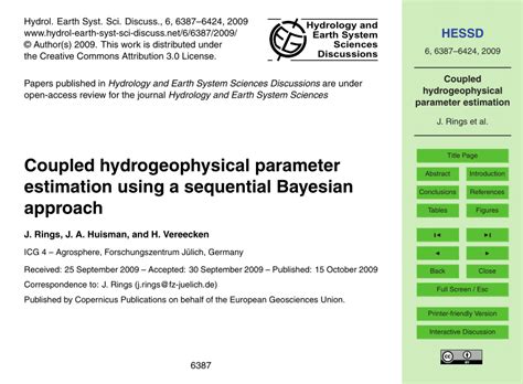 Pdf Coupled Hydrogeophysical Parameter Estimation Using A Sequential Bayesian Approach