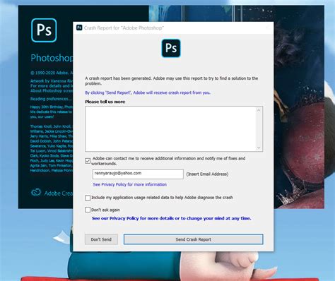 crash report can t open photoshop in my computer adobe product