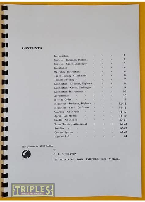 Sheraton Precision Lathe Instruction Manual Defiance Diploma Cadet