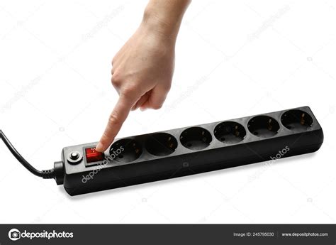 Woman Pressing Power Button Extension Cord White Background Closeup Electrician S Stock Photo By