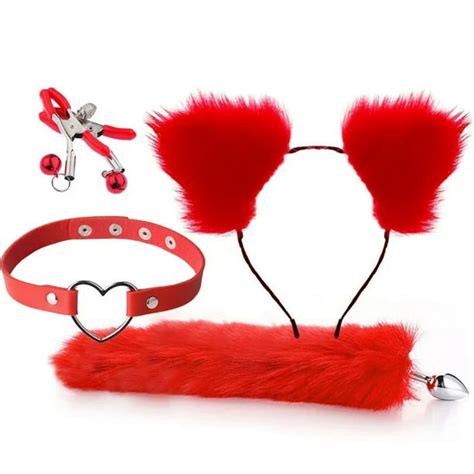 Sexy Fox Tail Anal Plug Cute Cat Ears Headbands Set Nipple Clip Neck