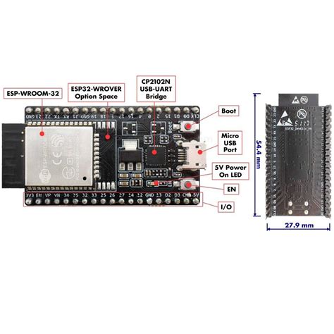 برد توسعه Esp32 Wroom 32d دارای وای فای و بلوتوث با مبدل Cp2102 روبوایکیو