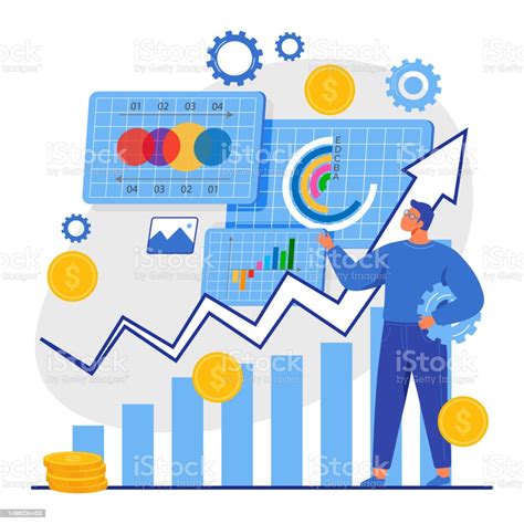 비즈니스 데이터 분석 성장 차트를 분석하는 남자 금융가 마케터 매출 및 기술 향상 개념에 대한 스톡 벡터 아트 및 기타 이미지 개념 개발 개선 Istock