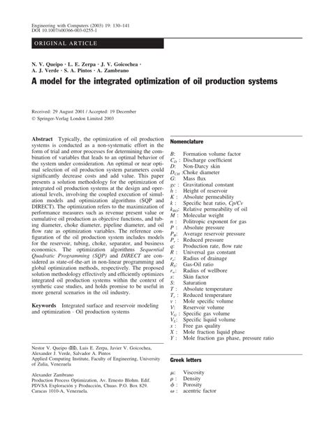 Pdf A Model For The Integrated Optimization Of Oil Production Systems