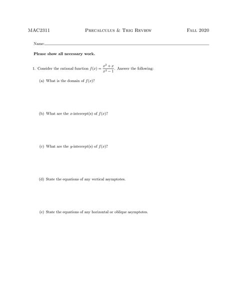 Practice Problems 1 Cal1 Mac2311 Precalculus And Trig Review Fall