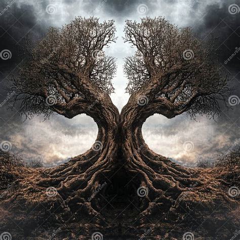 Majestic Symmetrical Tree With Dramatic Sky And Intricate Roots In A Mystical Landscape Stock
