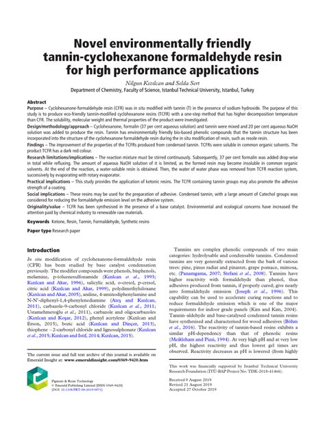 Pdf Novel Environmentally Friendly Tannin Cyclohexanone Formaldehyde Resin For High