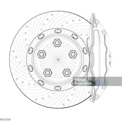 흰색 배경에 격리된 검은색 선에서 브레이크 슈가 있는 자동차 브레이크 디스크의 개요 정면도 3d 벡터 그림입니다 제동판에 대한 스톡 벡터 아트 및 기타 이미지 Istock