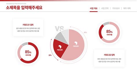 비즈니스 빨간색 흰색 원형 차트 파이 사업 개요 전략 기대 효과 재무 계획 플레이스홀더 텍스트 박스 레퍼런스 Ppt 파란펭귄