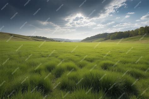 Empty Grass Field Landscape Grassland Outdoors Premium Ai Generated Image