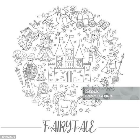 동화 캐릭터 개체와 벡터 흑백 둥근 프레임 배너 공주와 왕자와 초대를위한 동화 라인 카드 템플릿 디자인 귀여운 판타지 색칠