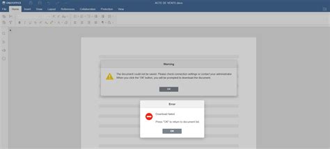getting warning the document could not be saved please check