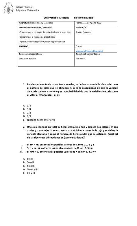 GuÍa Variable Aleatoria 1 Guía Variable Aleatoria Electivo Iii Medio