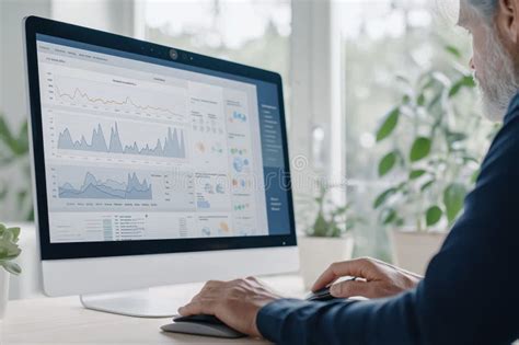 Man Analyzes Data On Computer Screen Businessman Works With Data Dashboard Graphs Charts Show