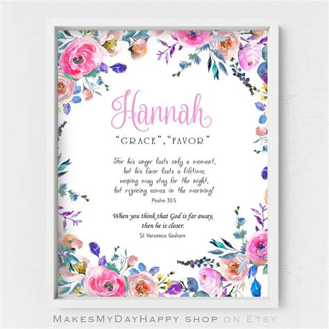 Hannah Biblical Name Meaningpsalm 30watercolor Pink Religious Nursery Floral Decorfloral Name