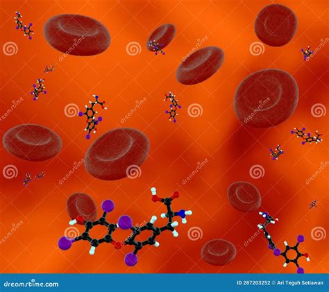 Thyroxine Or T4 Hormone Molecule And Red Blood Cells Stock Illustration