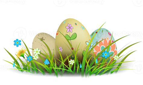 Composition With Wonderful Easter Eggs Grass And Flowers 22600856 Png