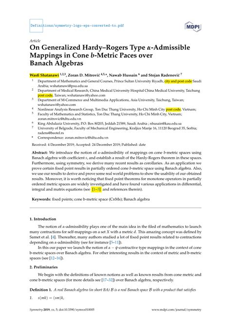 Pdf On Generalized Hardy Rogers Type α Admissible Mappings In Cone B Metric Paces Over Banach