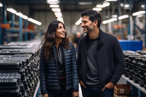 Female Engineer And Male Production Manager In Modern Factory Discussing Production Premium AI