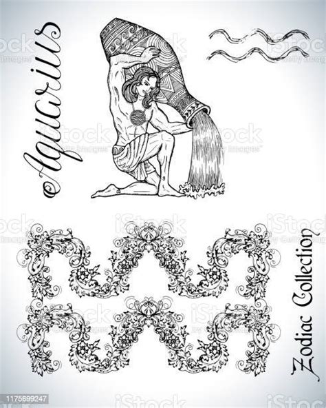 물병자리 조디악 기호와 마스코트 그리기로 설정합니다 여자 인어에 대한 스톡 벡터 아트 및 기타 이미지 여자 인어 고풍스런 복고풍 Istock