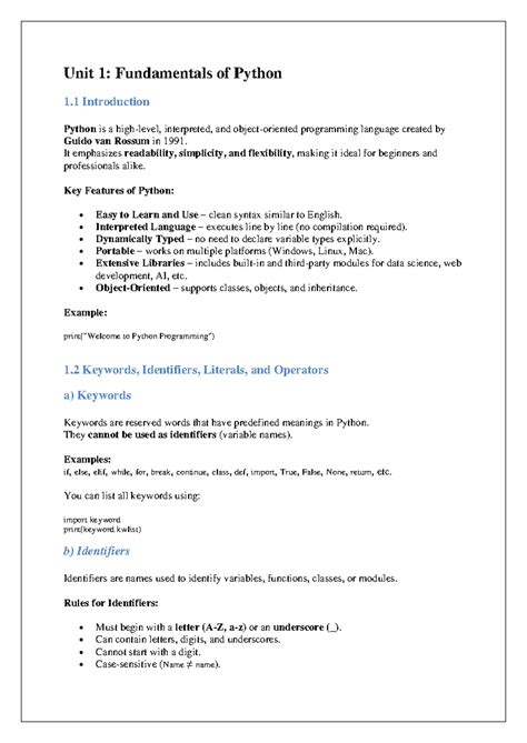 Mca Python Notes Sem I Unit 1 Fundamentals And Key Concepts Studocu