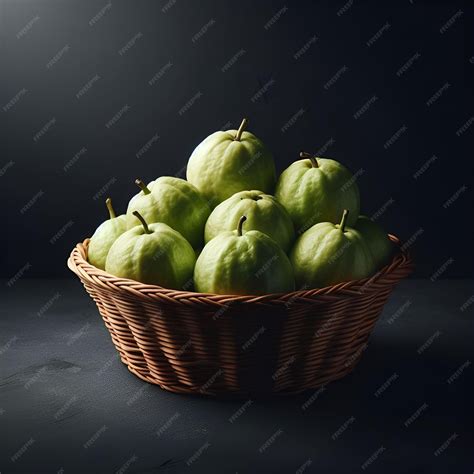 Premium Photo Basket Of Green Guavas On Dark Surface Black Background