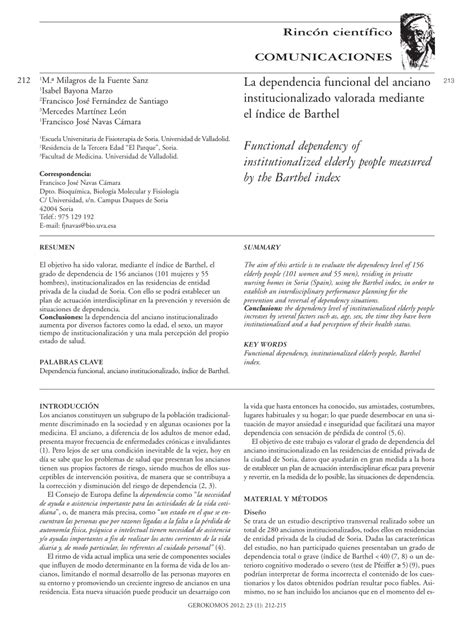 Pdf Functional Dependency Of Institutionalized Elderly People Measured By The Barthel Index