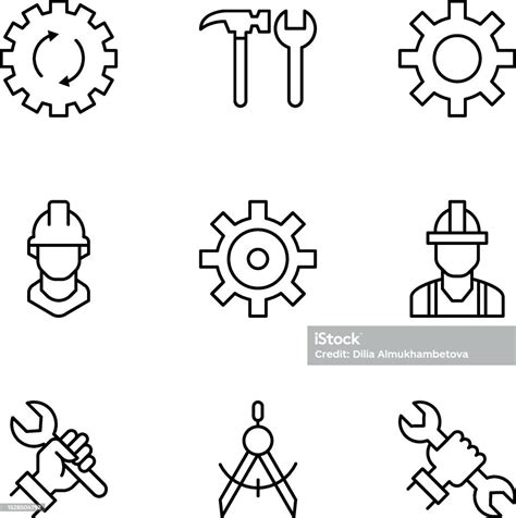 선 스타일로 그려진 벡터 격리 표지판 모음입니다 편집 가능한 획 톱니바퀴 스패너 렌치 나침반 건설 노동자의 아이콘 작업 헬멧에